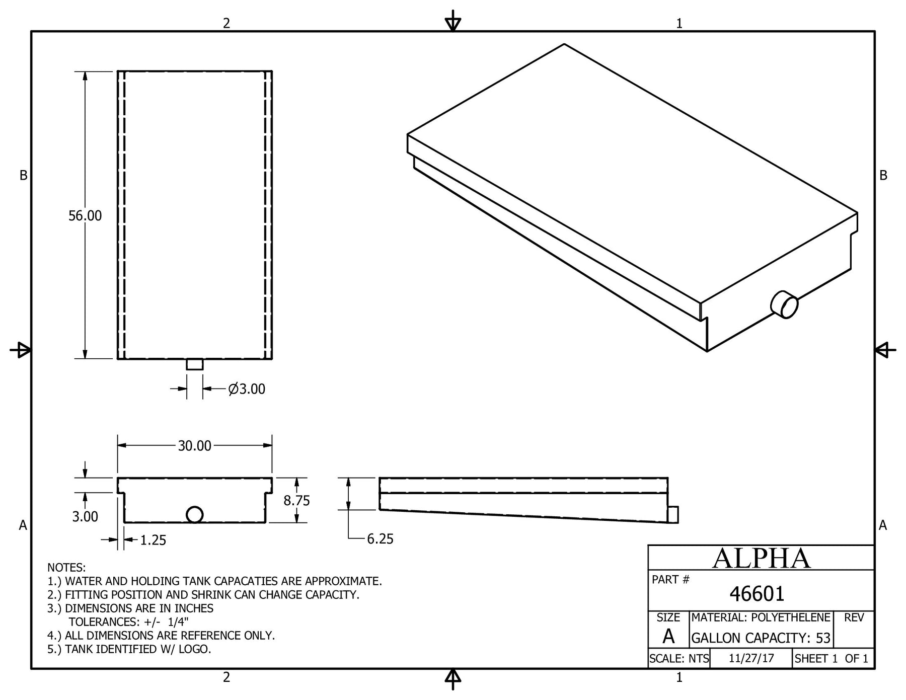 53 Gallon RV Holding Tank 466BLANK | Alpha OEM Black Water